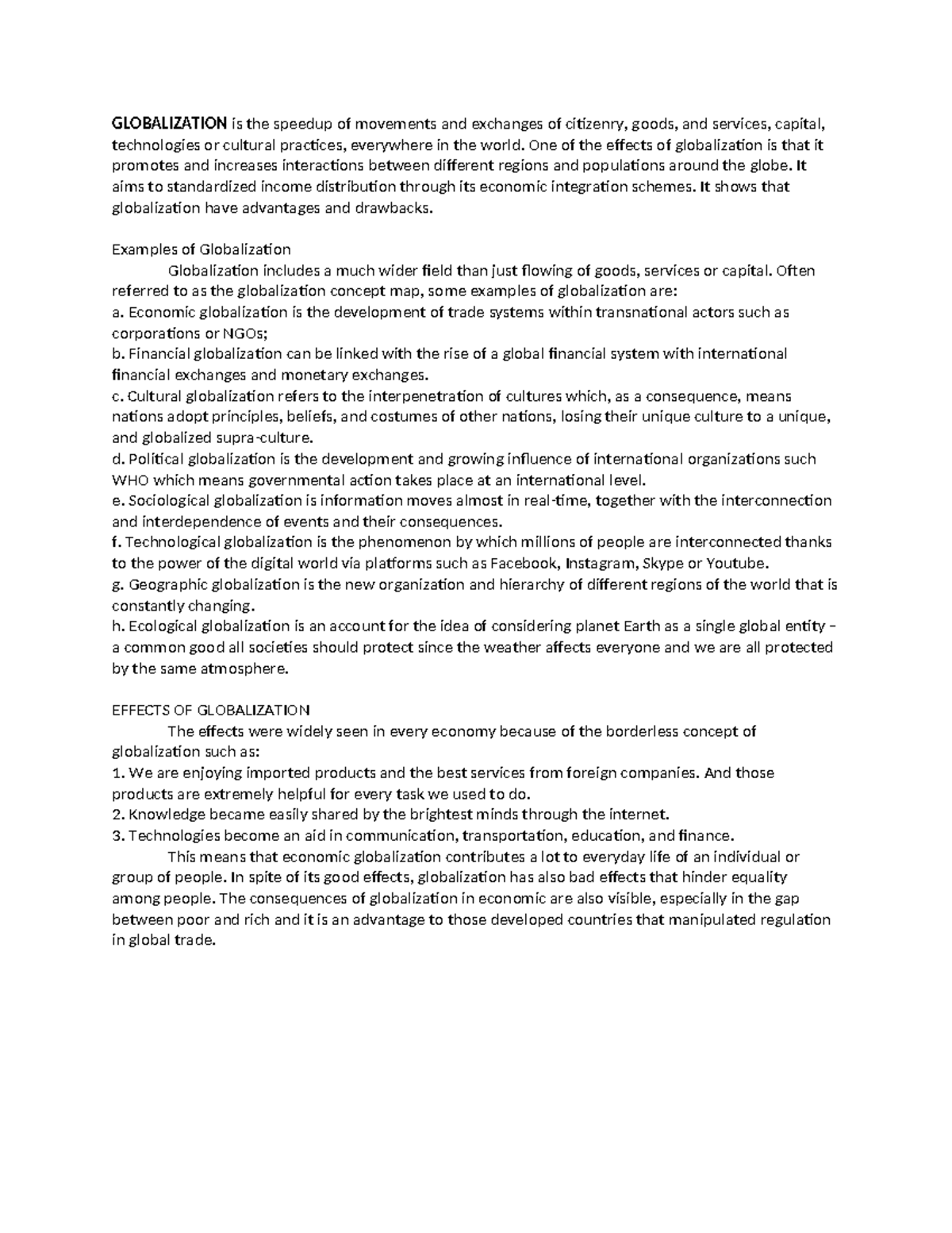 Lecture module 1 to 7 4th quarter - GLOBALIZATION is the speedup of movements and exchanges of ...