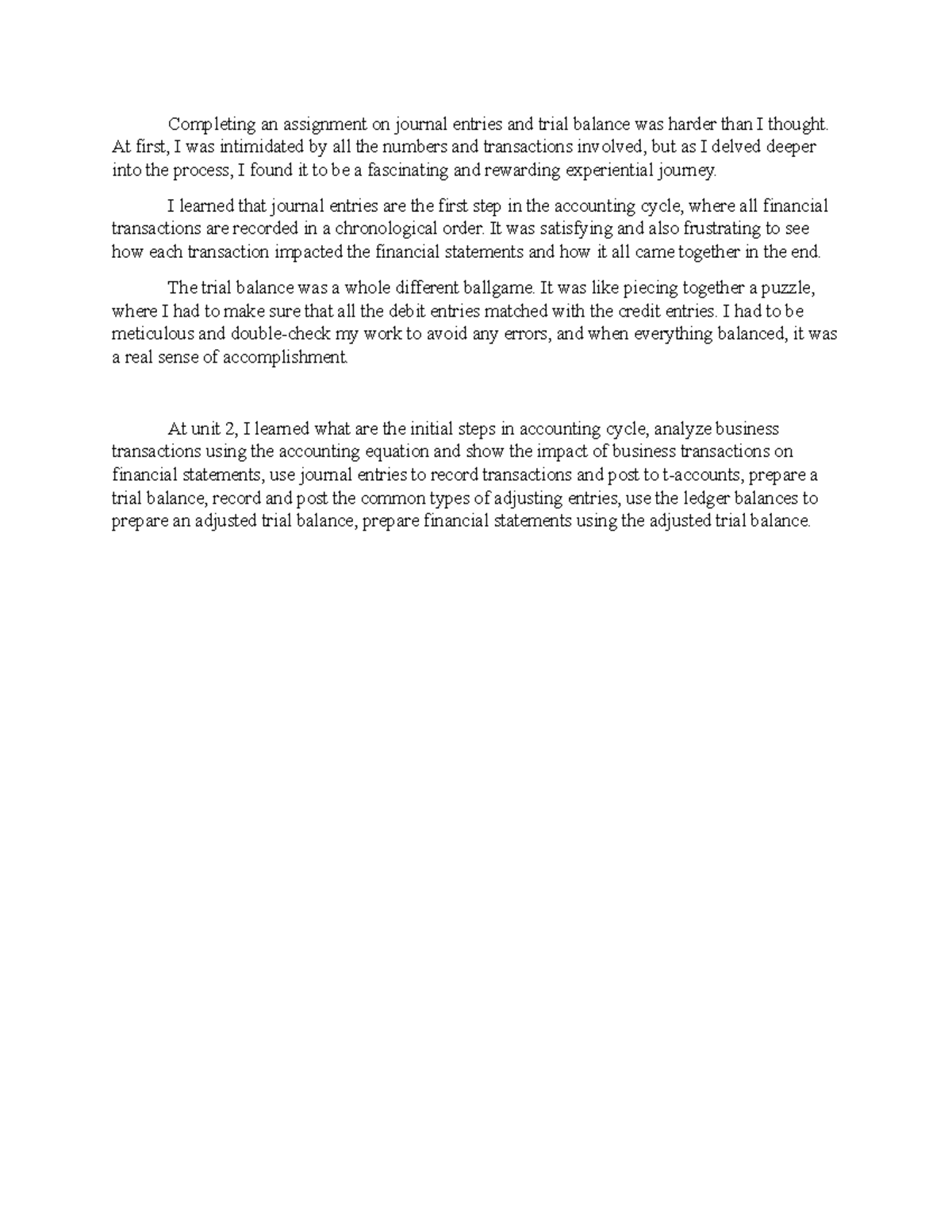 Unit 2 - Learning Journal - Completing an assignment on journal entries ...