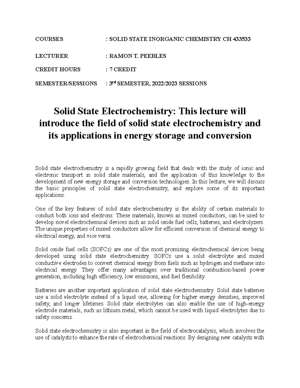 Solid State Electrochemistry-This lecture will introduce the field of solid state ...
