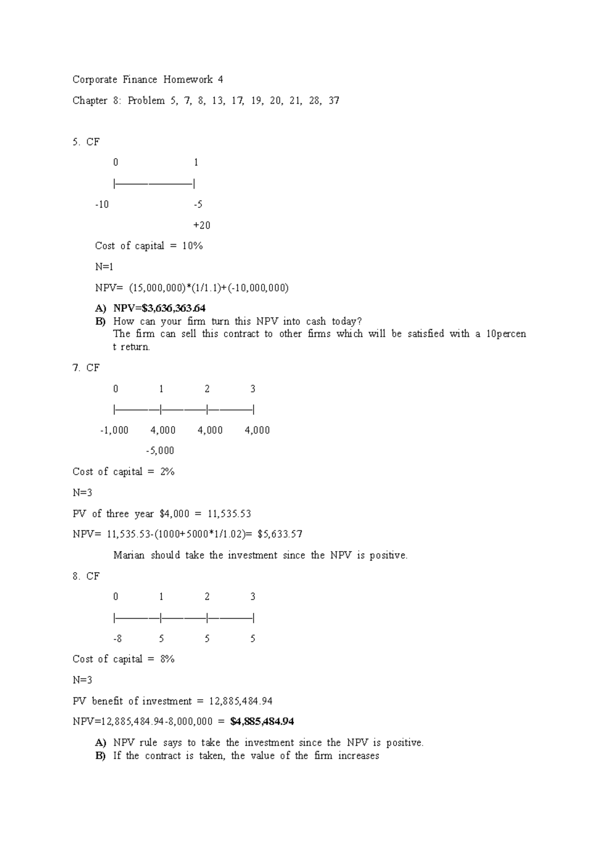 Corp Fin HW4 - Chapter 8 answer - Corporate Finance Homework 4 Chapter 8: Problem 5, 7, 8, 13 ...
