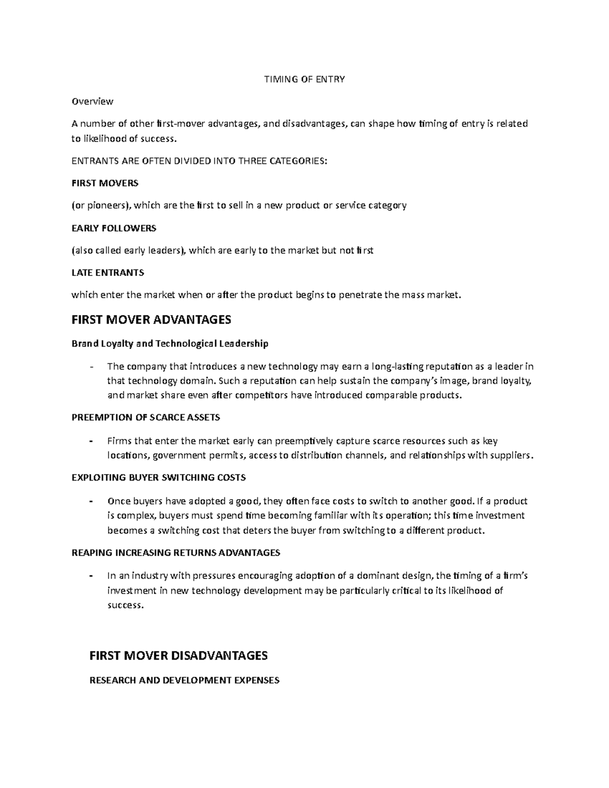 Timing OF Entry Summary - TIMING OF ENTRY Overview A number of other ...
