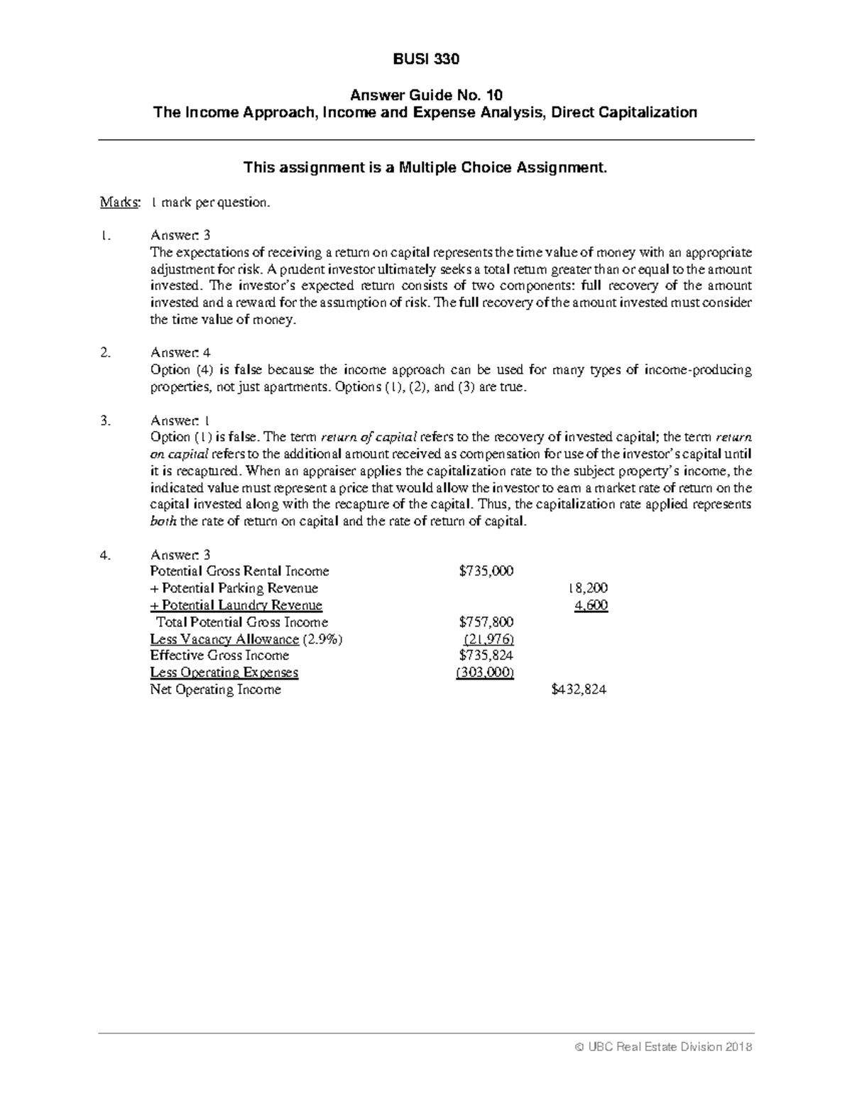 assignment 10 answer - BUSI 330 Answer Guide No. 10 The Income Approach ...
