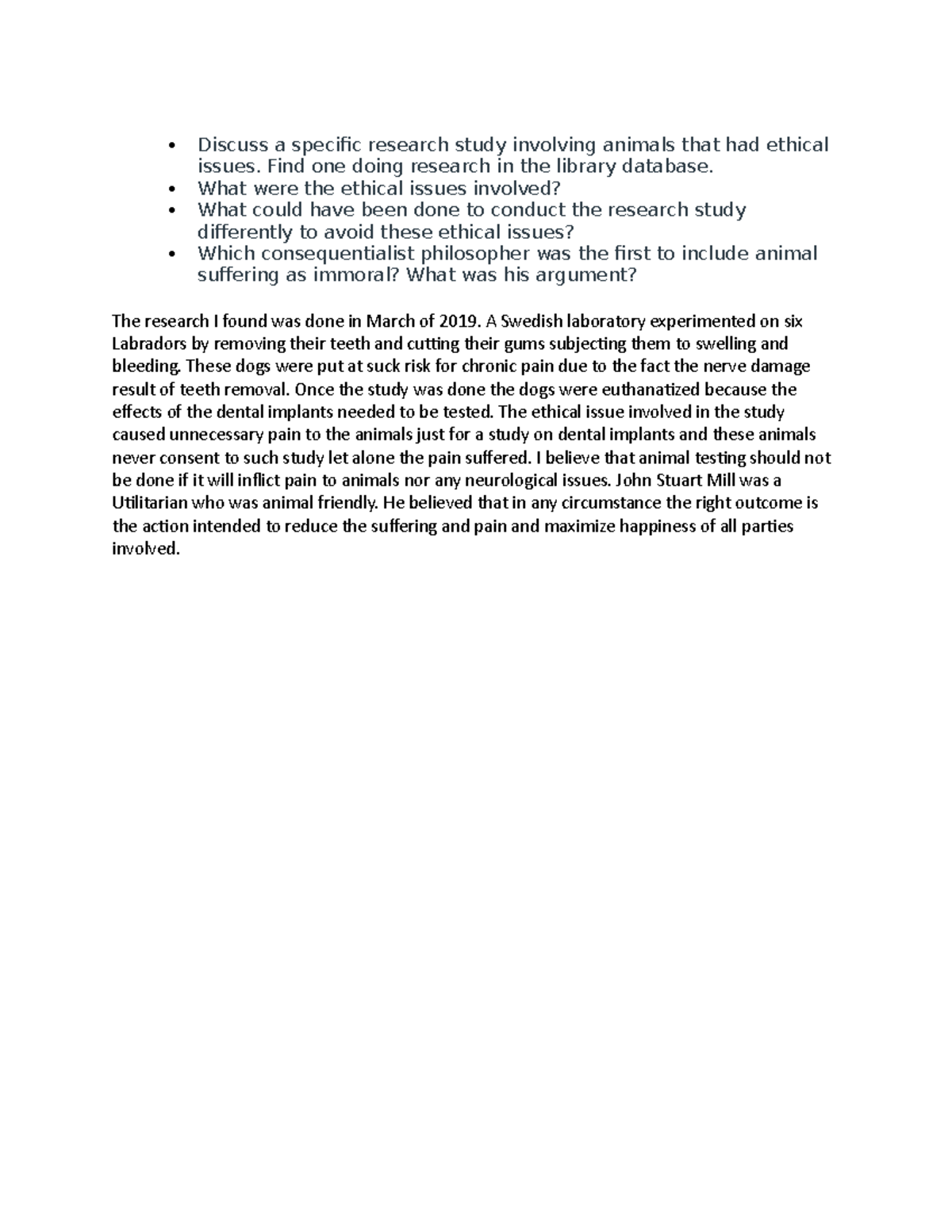 Wk 4 discussion - research study involving animals - Discuss a specific ...