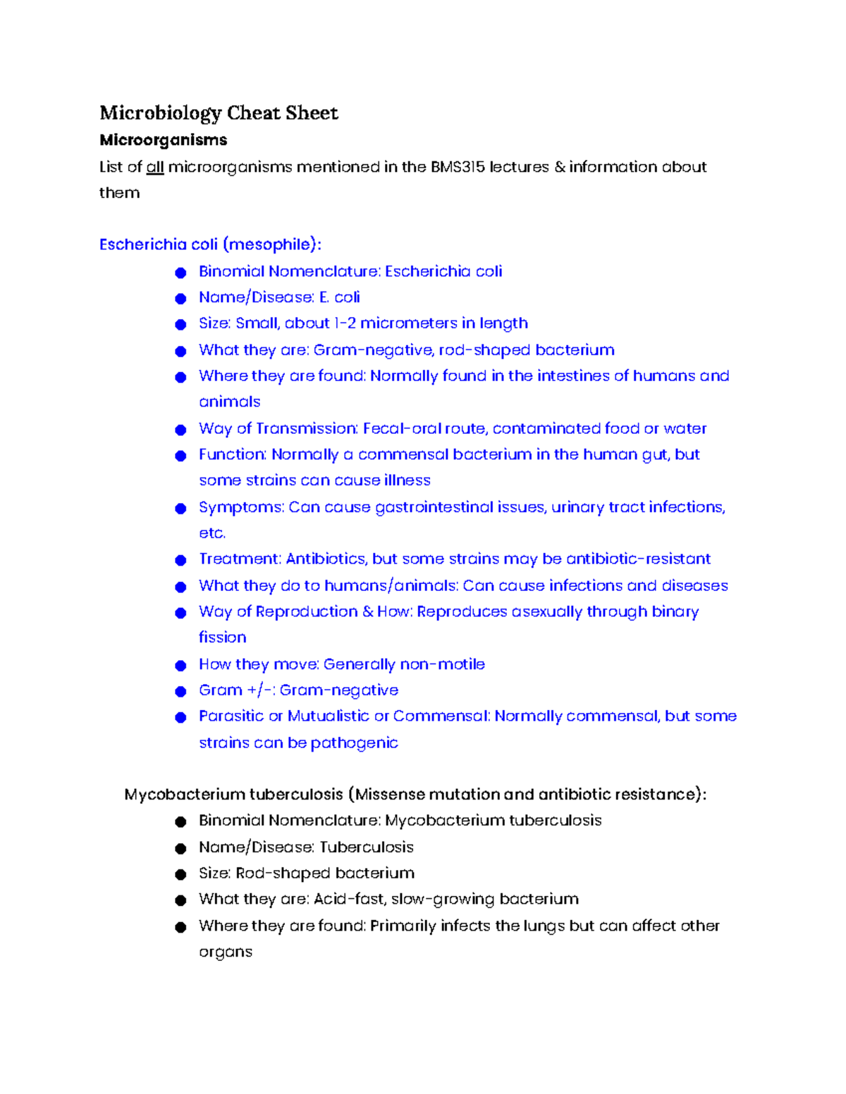 Microbiology Cheat Sheet - Microbiology Cheat Sheet Microorganisms List ...