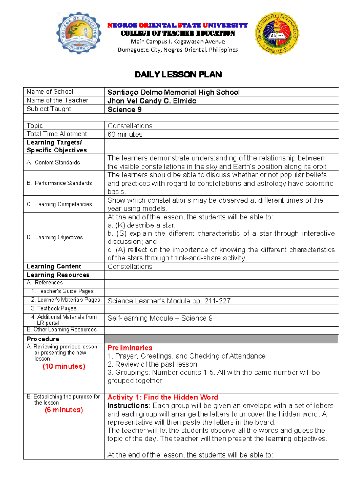 Constellations - LP - CONSTELLATION - COLLEGE OF TEACHER EDUCATION Main ...