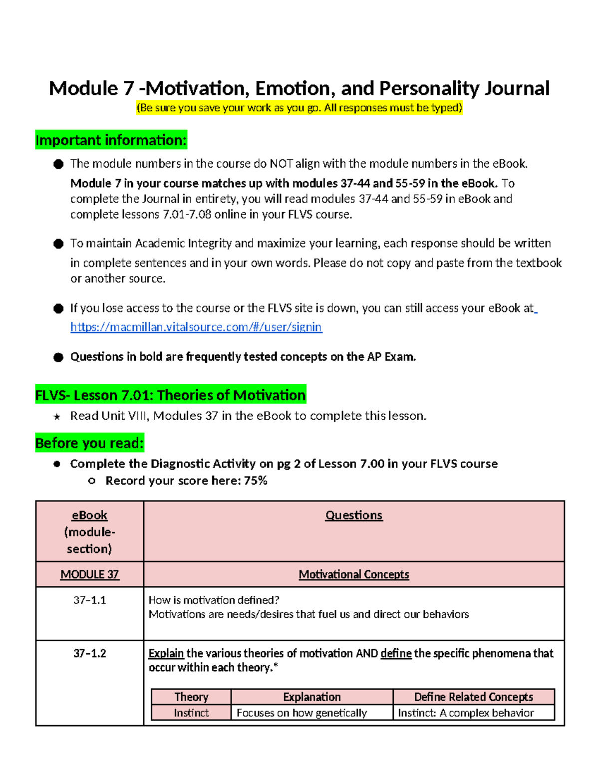 Module 7 Journal (Updated) - Module 7 -Motivation, Emotion, and ...