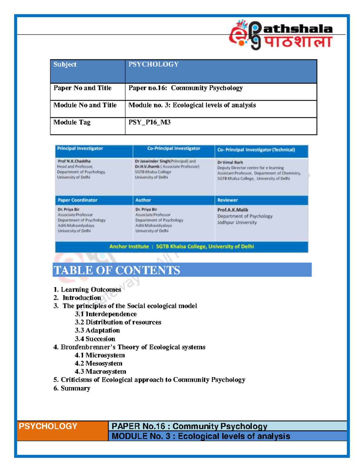 Ecological Levels Of Analysis PSYCHOLOGY PAPER No Community