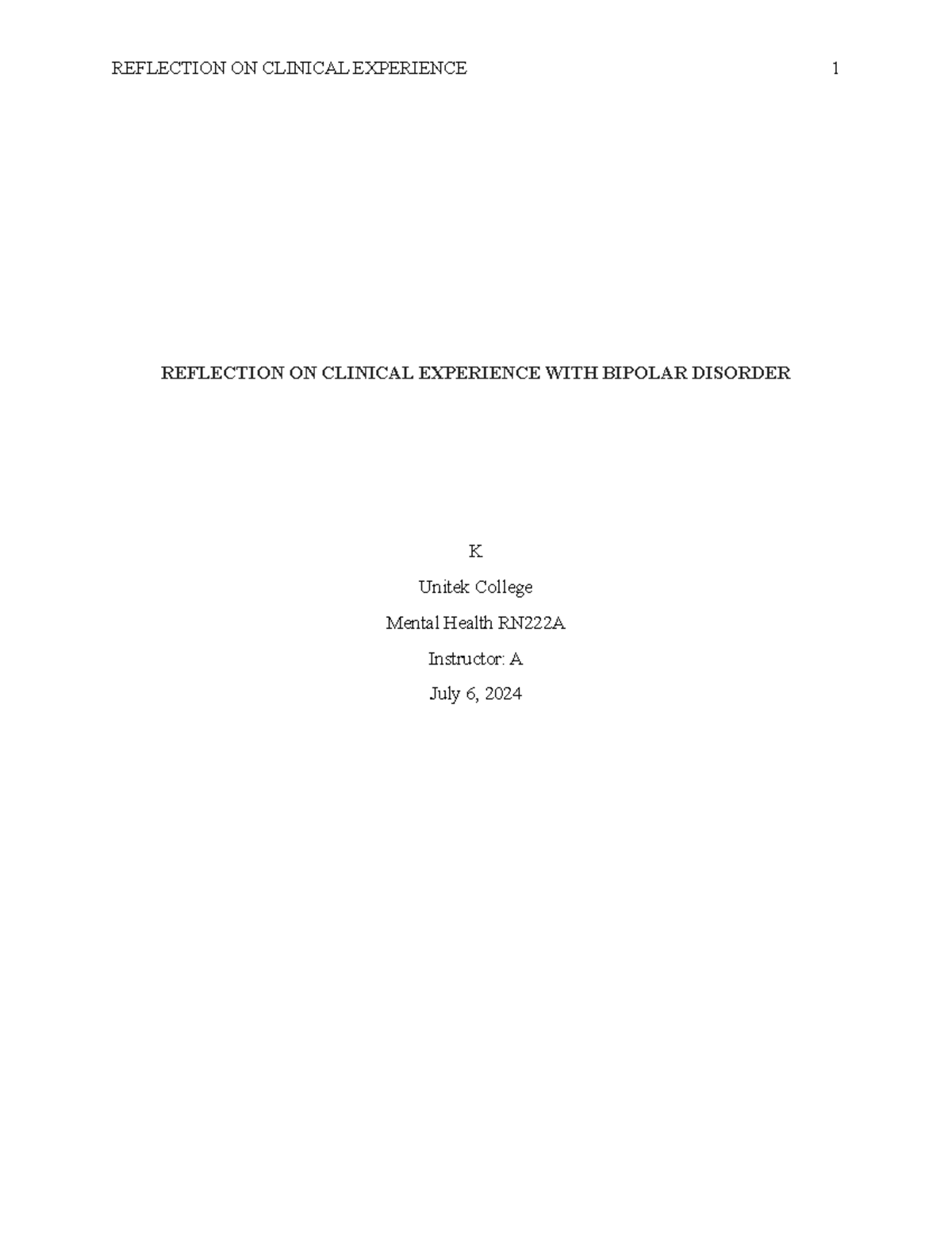 Reflection on clinical experience with disorder - REFLECTION ON ...