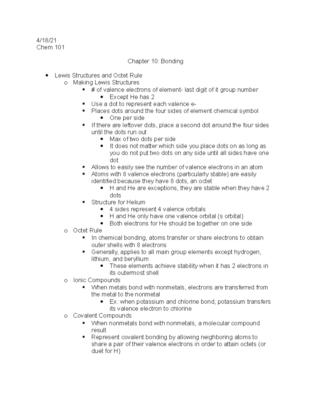 Chapter 10 Bonding - Lecture notes 10 - 4/18/ Chem 101 Chapter 10 ...