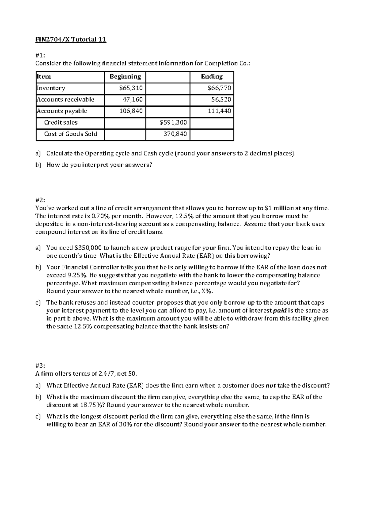 FIN2704 AY23-24 Sem2 Tutorial 11 Questions - FIN2704/X Tutorial 1 1 #1: Consider the following ...