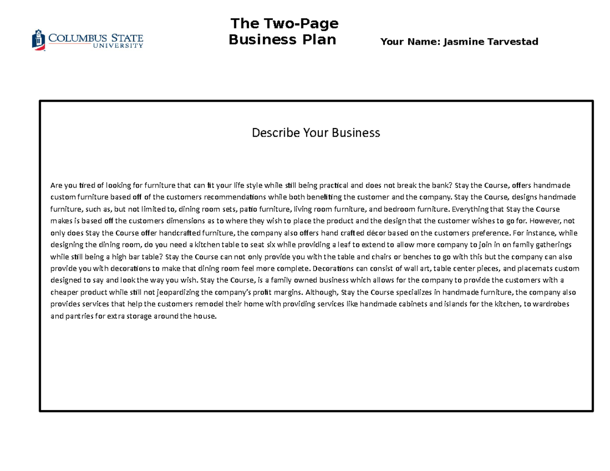 Two Page Business Plan - The Two-Page Business Plan Your Name: Jasmine ...