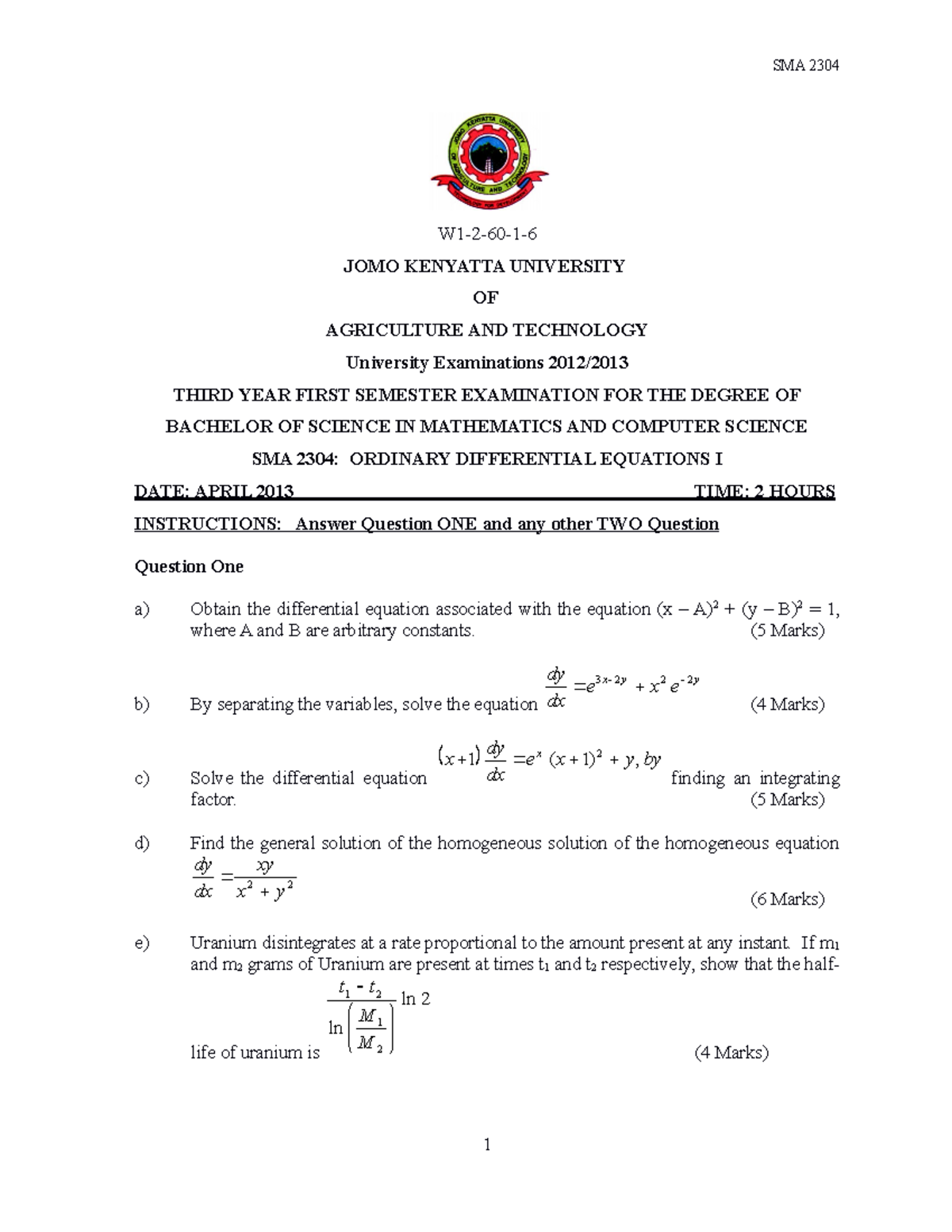 SMA 2304 - Practice materials for ODE - SMA 2304 W1-2-60-1- JOMO KENYATTA UNIVERSITY OF ...