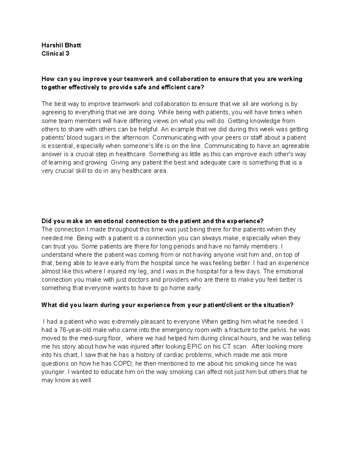 Clinical reflection 3 - Harshil Bhatt Clinical 3 How can you improve ...