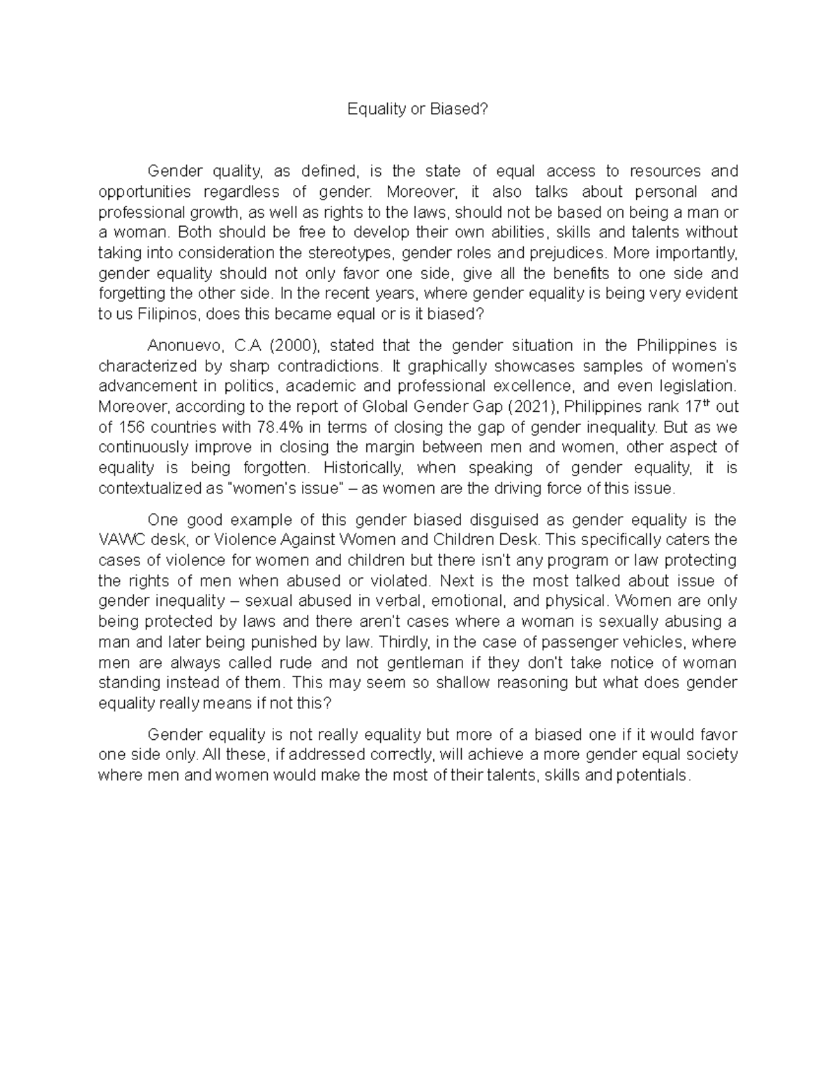 Equality or Biased - letter - Equality or Biased? Gender quality, as ...