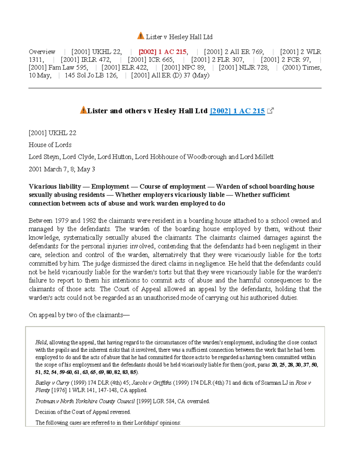 Lister and others v Hesley Hall Ltd [2002 ] 1 AC 215 - Lister v Hesley Hall Ltd Overview | [2001 ...
