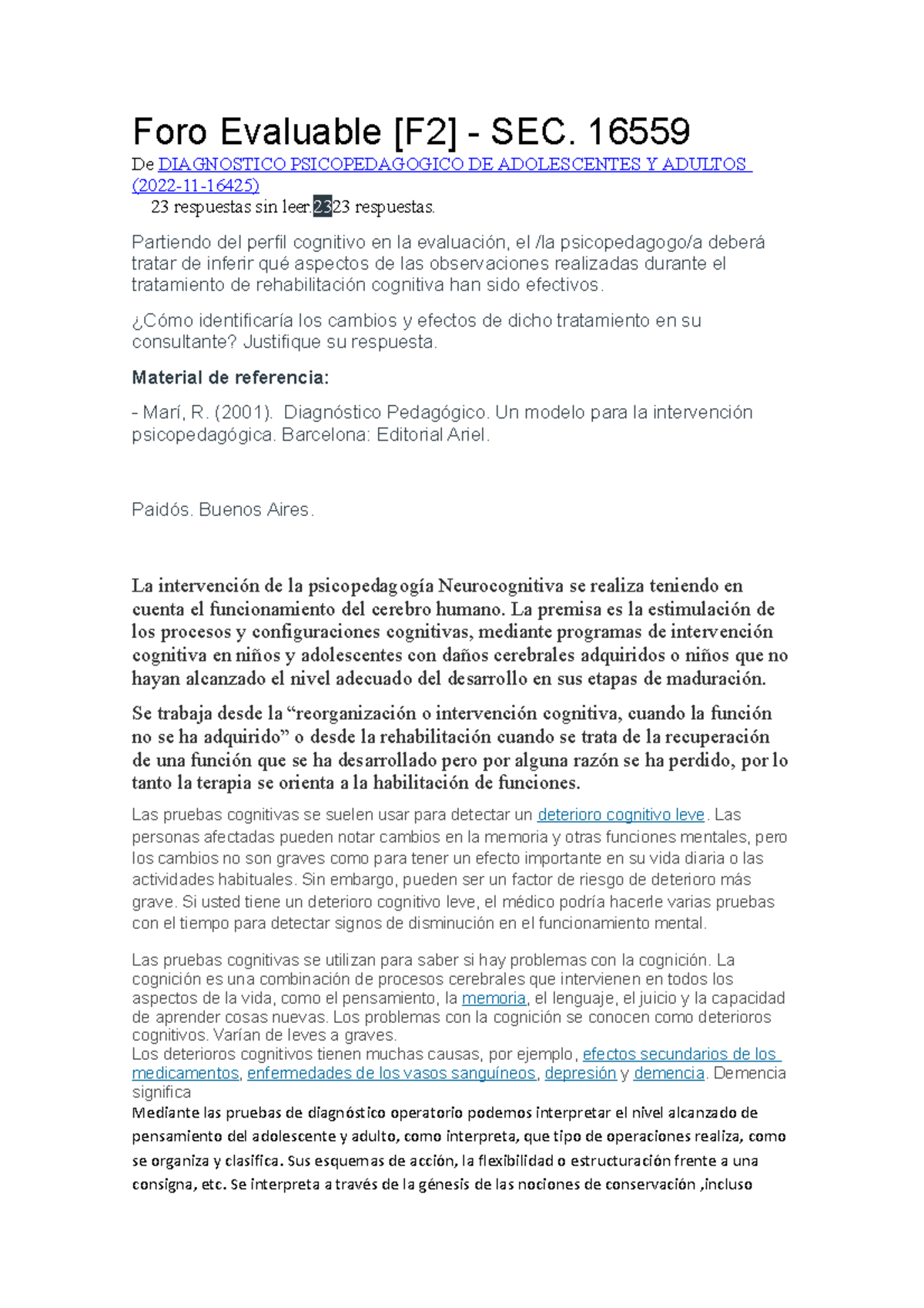Foro Evaluable 2 - foro - Foro Evaluable [F2] - SEC. 16559 De DIAGNOSTICO PSICOPEDAGOGICO DE ...