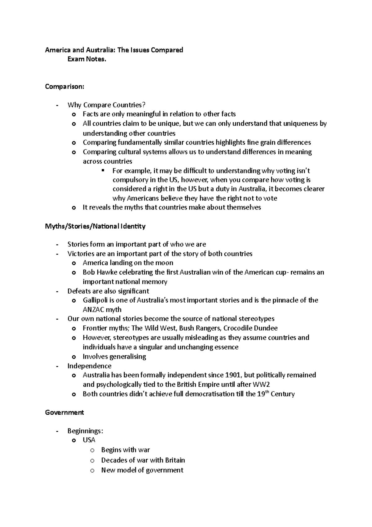 Exam Notes - Summary America and Australia: The Issues Compared ...