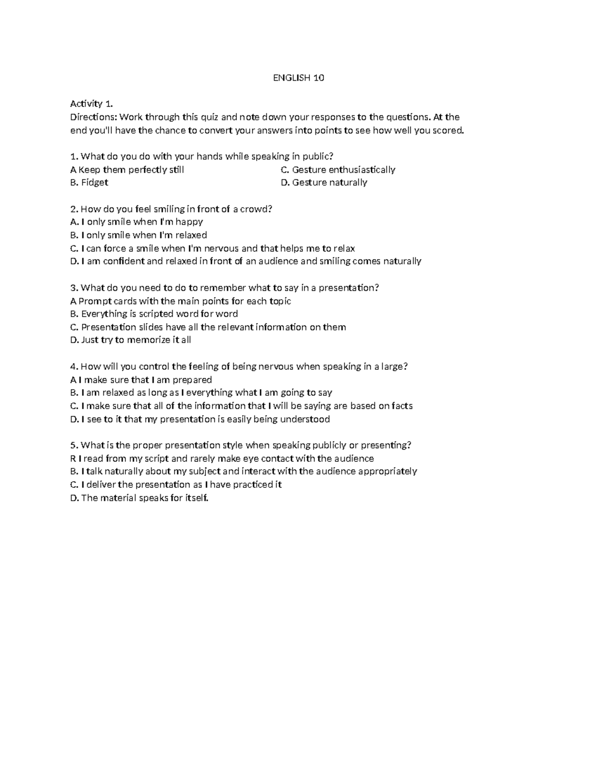 English 10 seatwork - ENGLISH 10 Activity 1. Directions: Work through ...