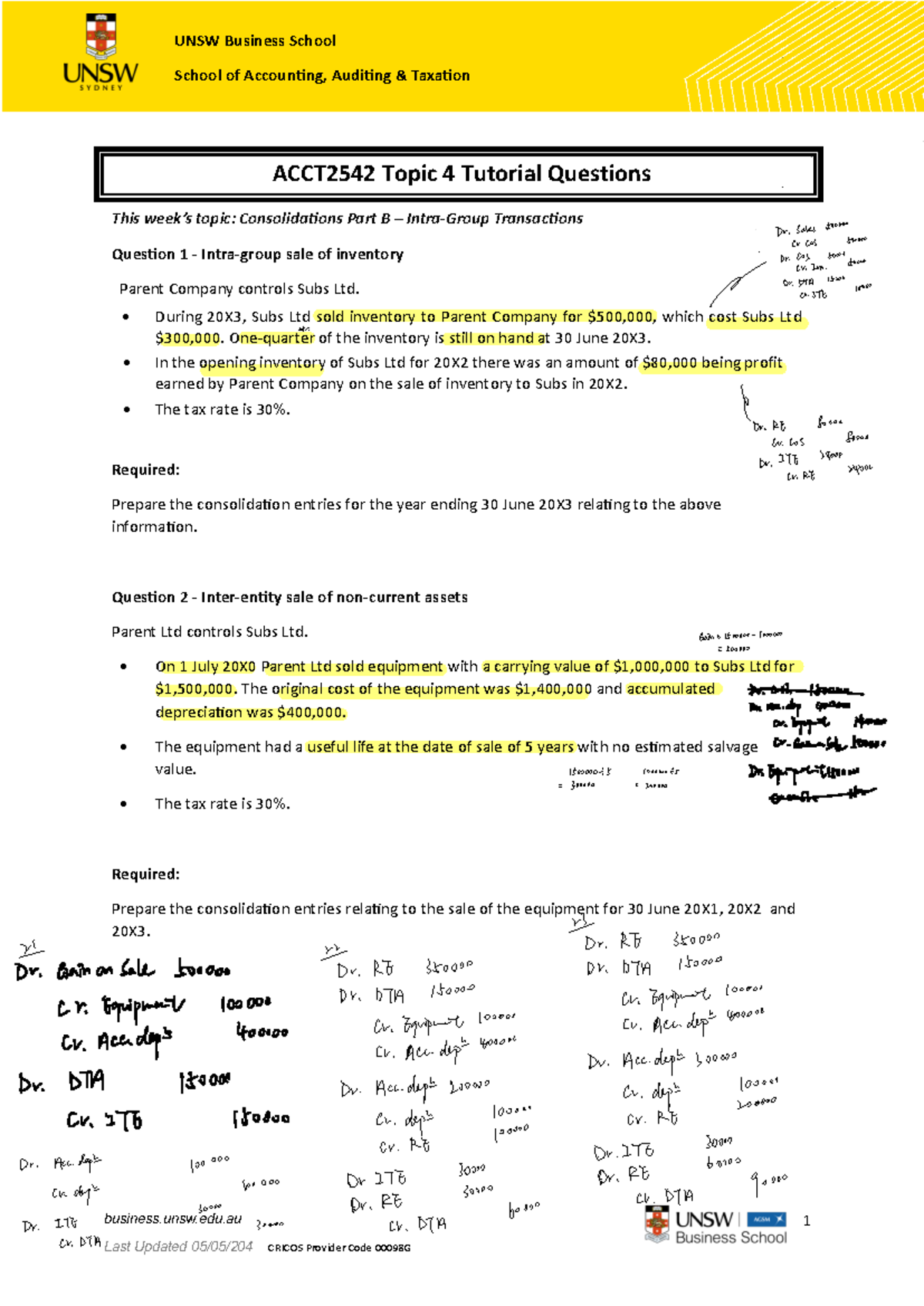 ACCT2542 Tutorial 4 - 1 UNSW Business School School of Accoun2ng, Audi2ng & Taxa2on - Studocu