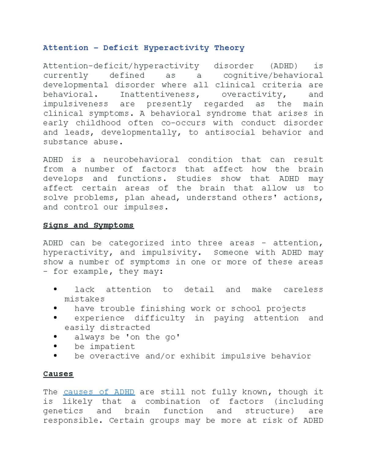Week-8-ADHD - Week-8-ADHD - Attention – Deficit Hyperactivity Theory ...