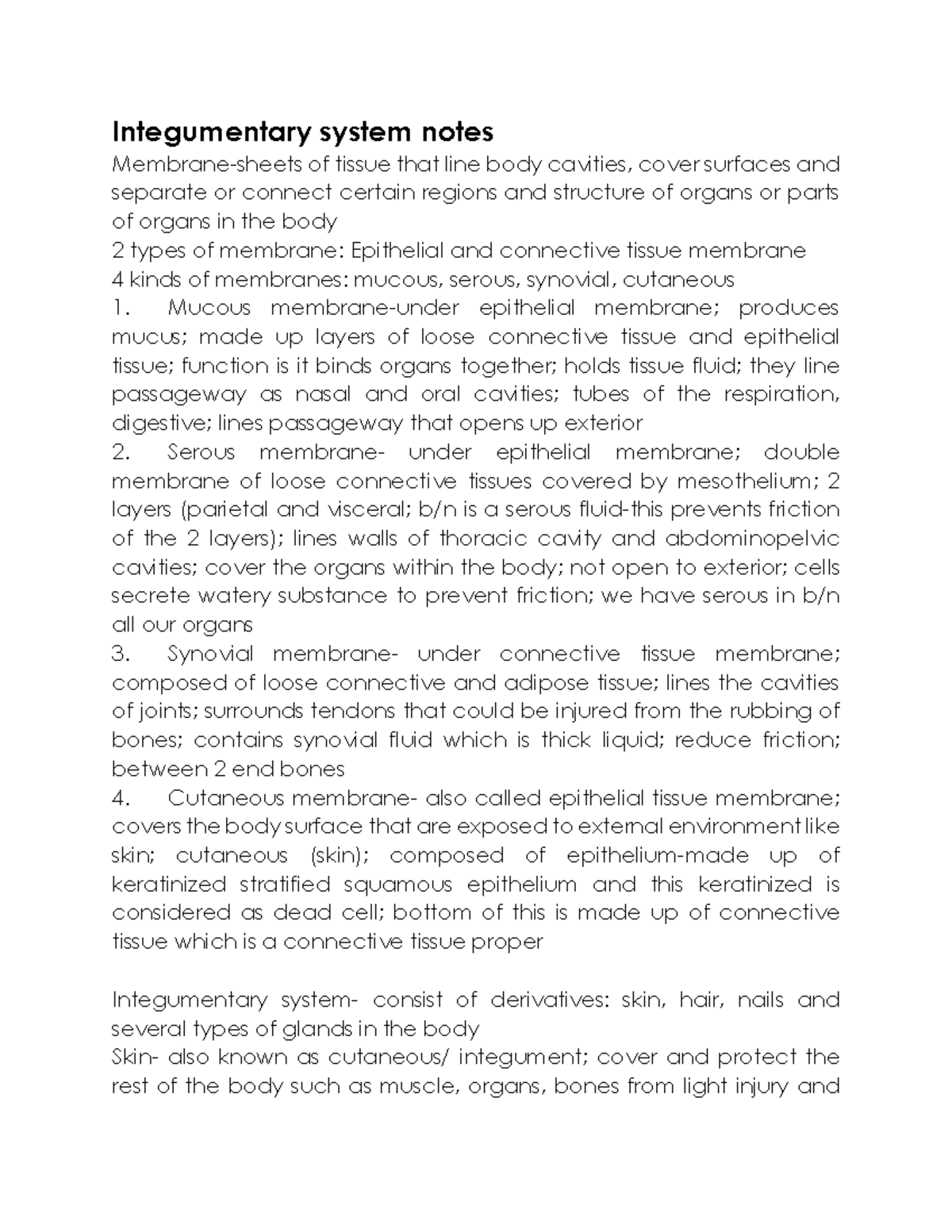 Integumentary system notes - Integumentary system notes Membrane-sheets ...