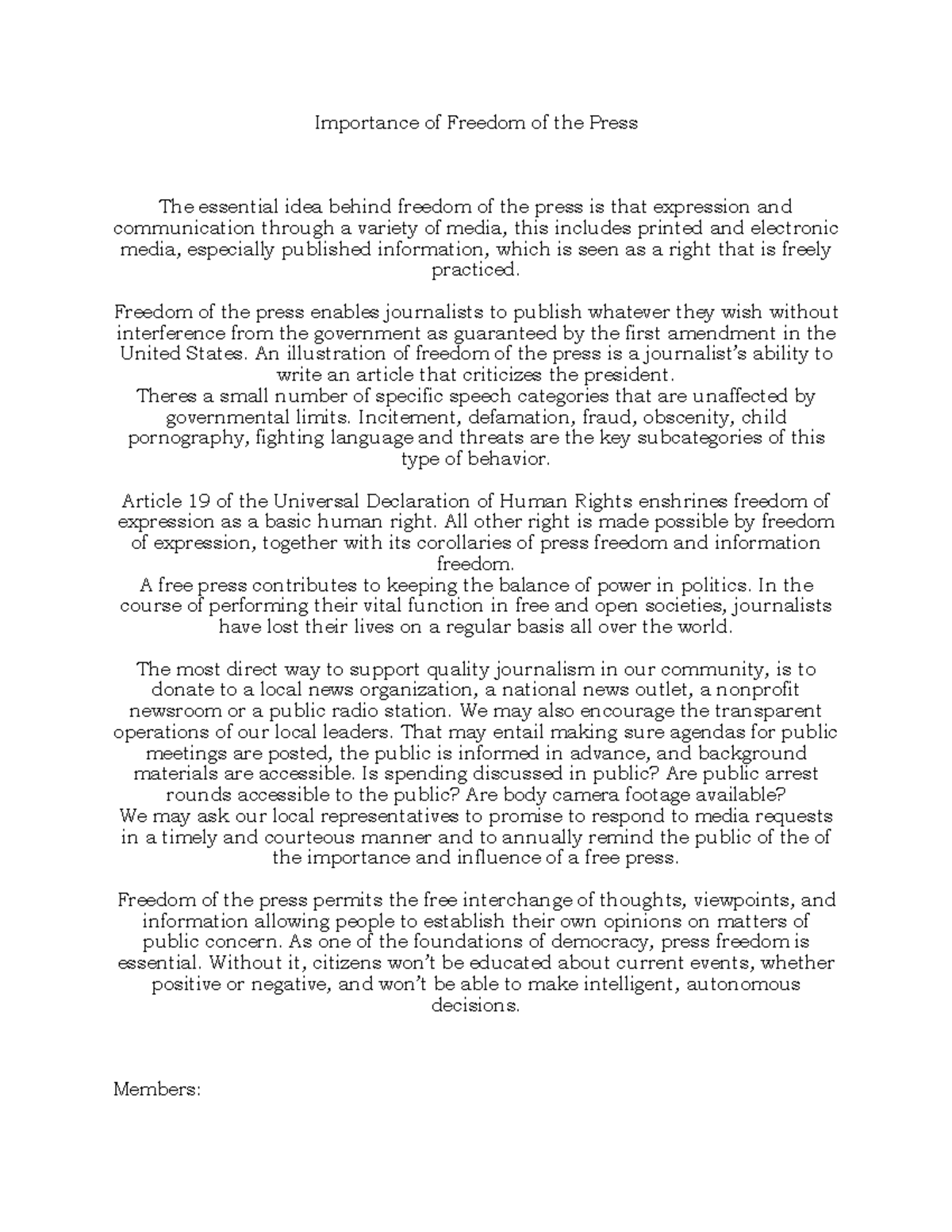 Freedom Of Press - Notes - Importance of Freedom of the Press The ...