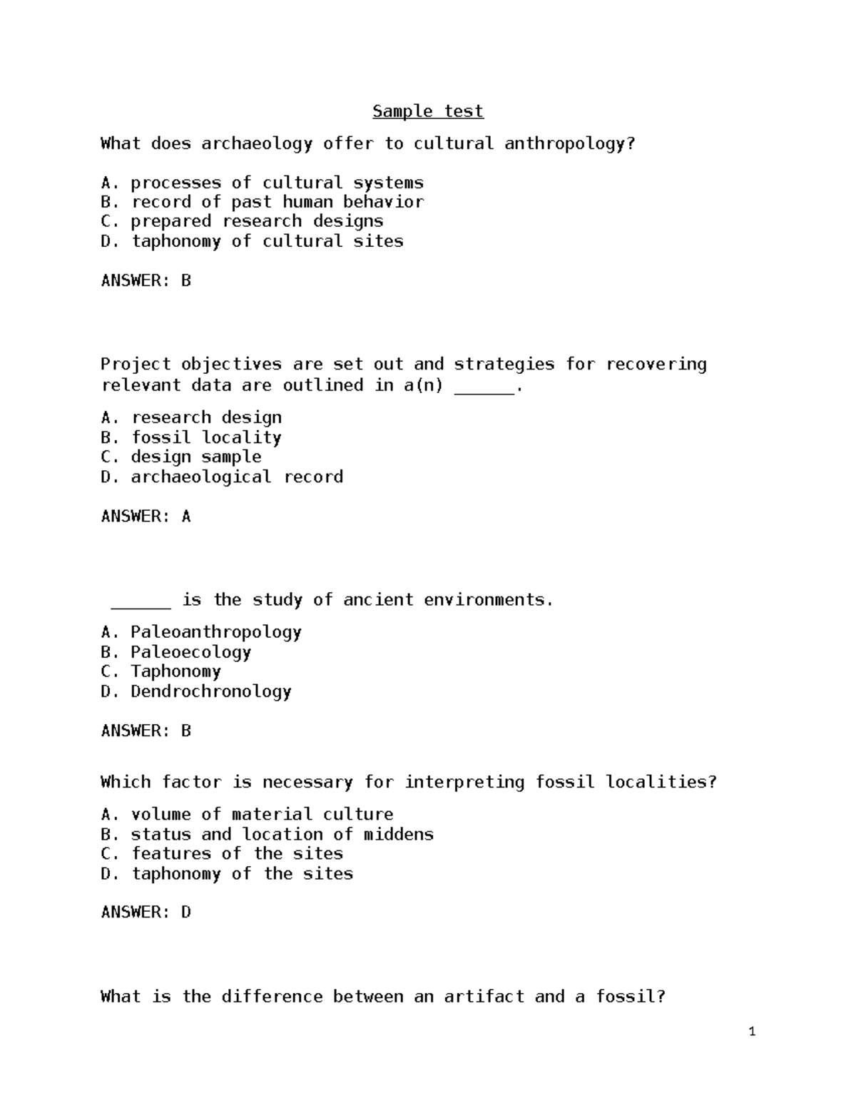 Arky Sample Questions-2 - Sample test What does archaeology offer to ...