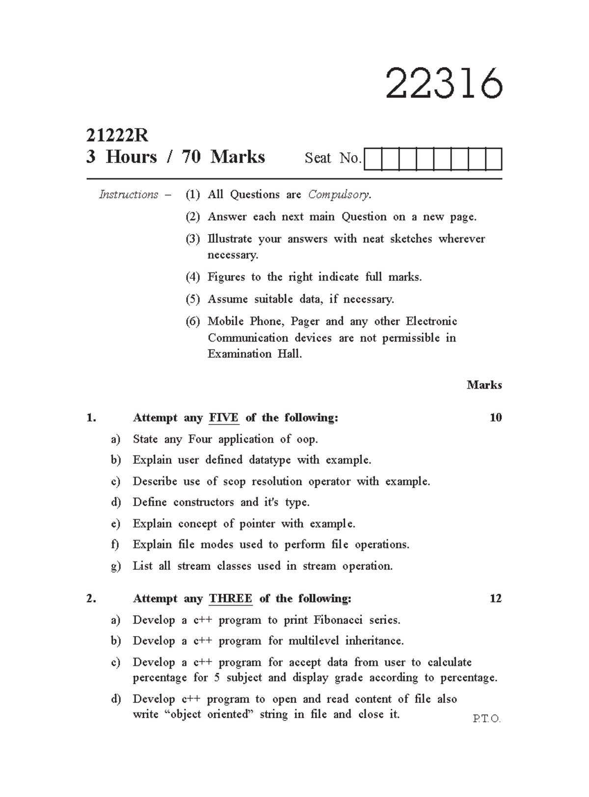 22316 - Model answer paper oop and Question paper - P.T. Instructions ...
