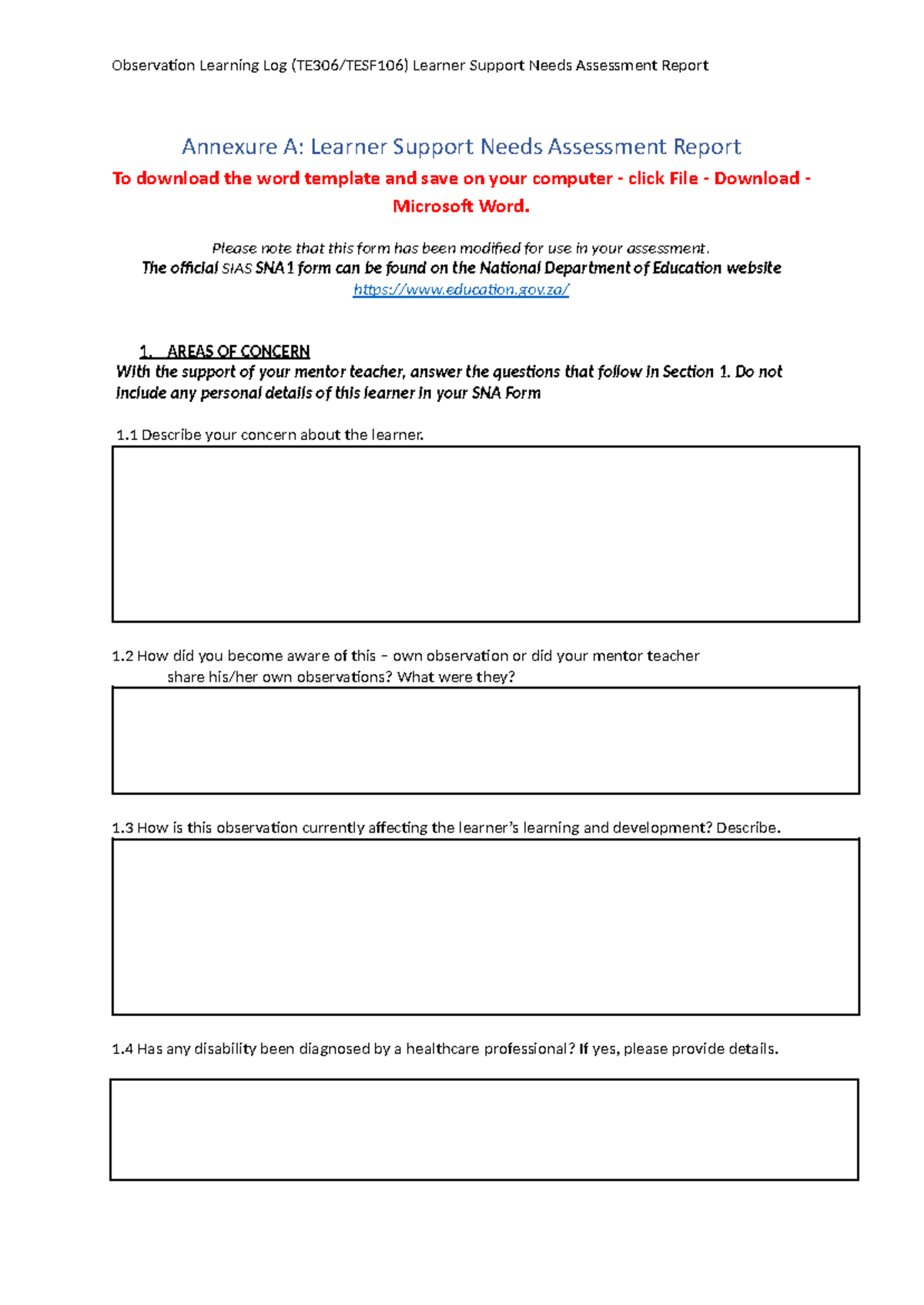 TE306 Learner Support Needs Assessment Report (editable) - Observaon ...
