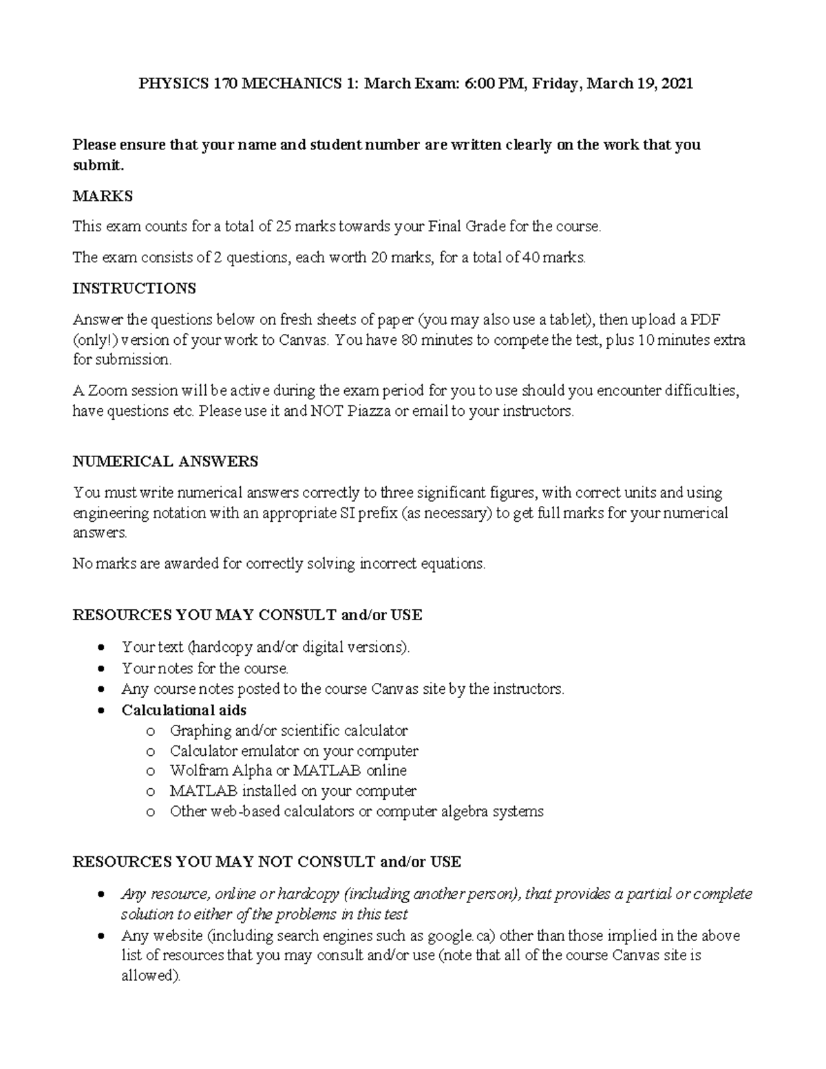 2021 p170 march exam - Practice Exam for PHYS 170 - PHYSICS 170 ...