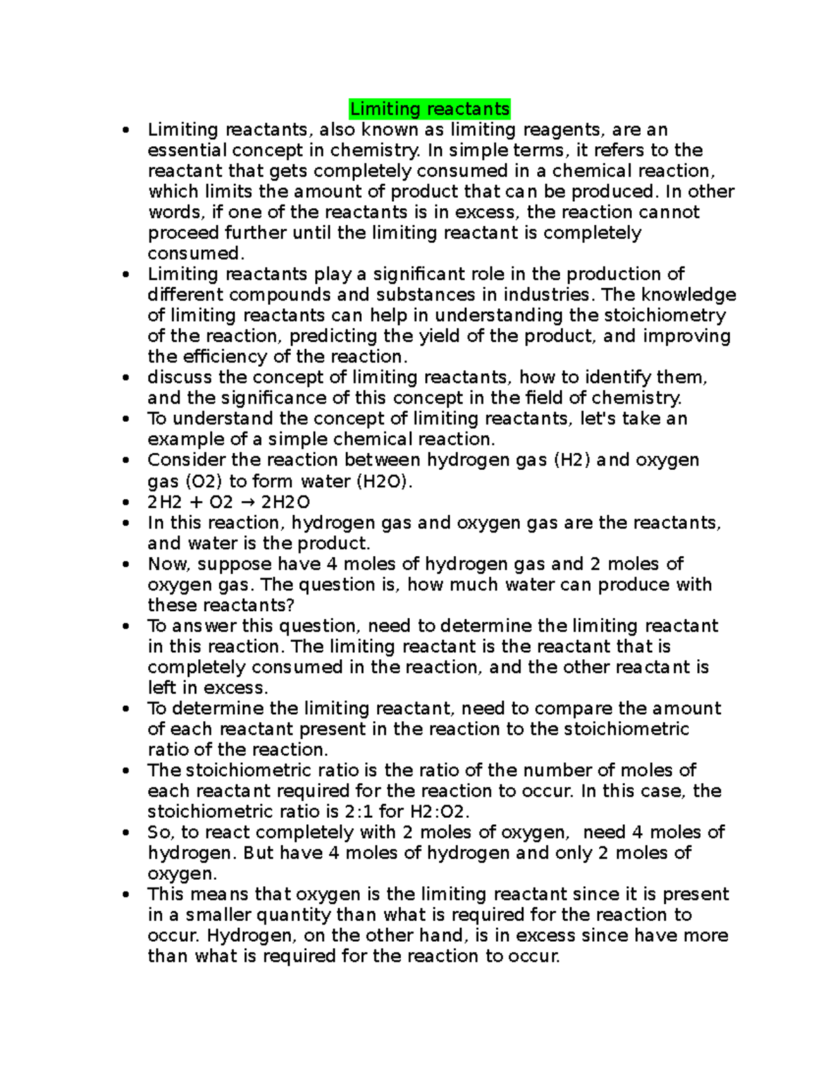 Limiting reactants - In simple terms, it refers to the reactant that ...
