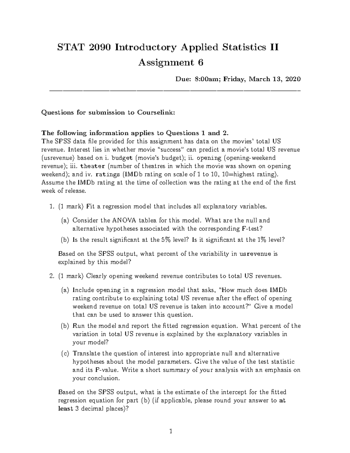 ST2090 Assignment 6 W20 - STAT 2090 Introductory Applied Statistics II ...