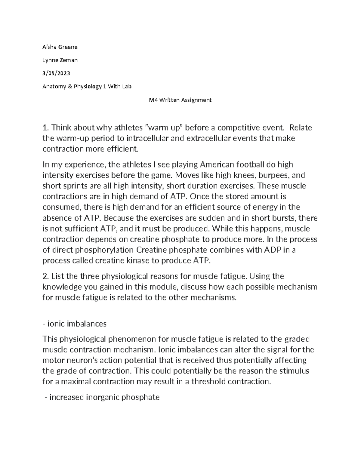 M4 Written Assignment Aisha - Aisha Greene Lynne Zeman 3/09/ Anatomy ...
