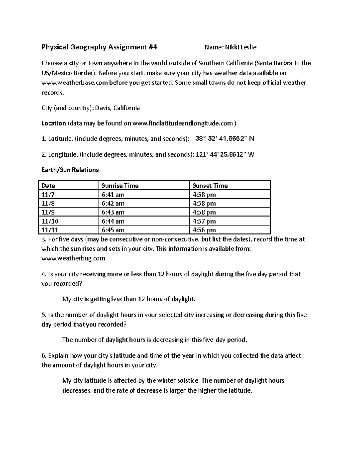City Climate Assignment - Physical Geography Assignment #4 Name: Nikki ...
