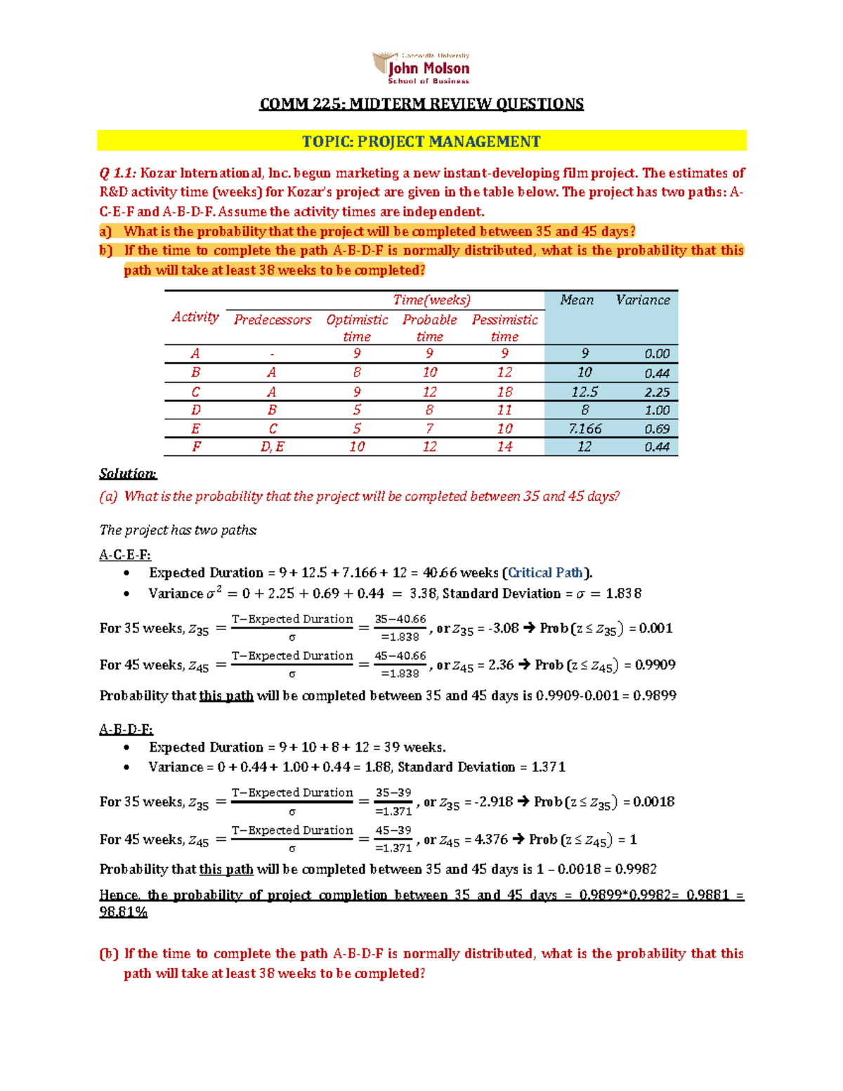 COMM 225 - Review problems W2015 - COMM 225: MIDTERM REVIEW QUESTIONS TOPIC: PROJECT MANAGEMENT ...