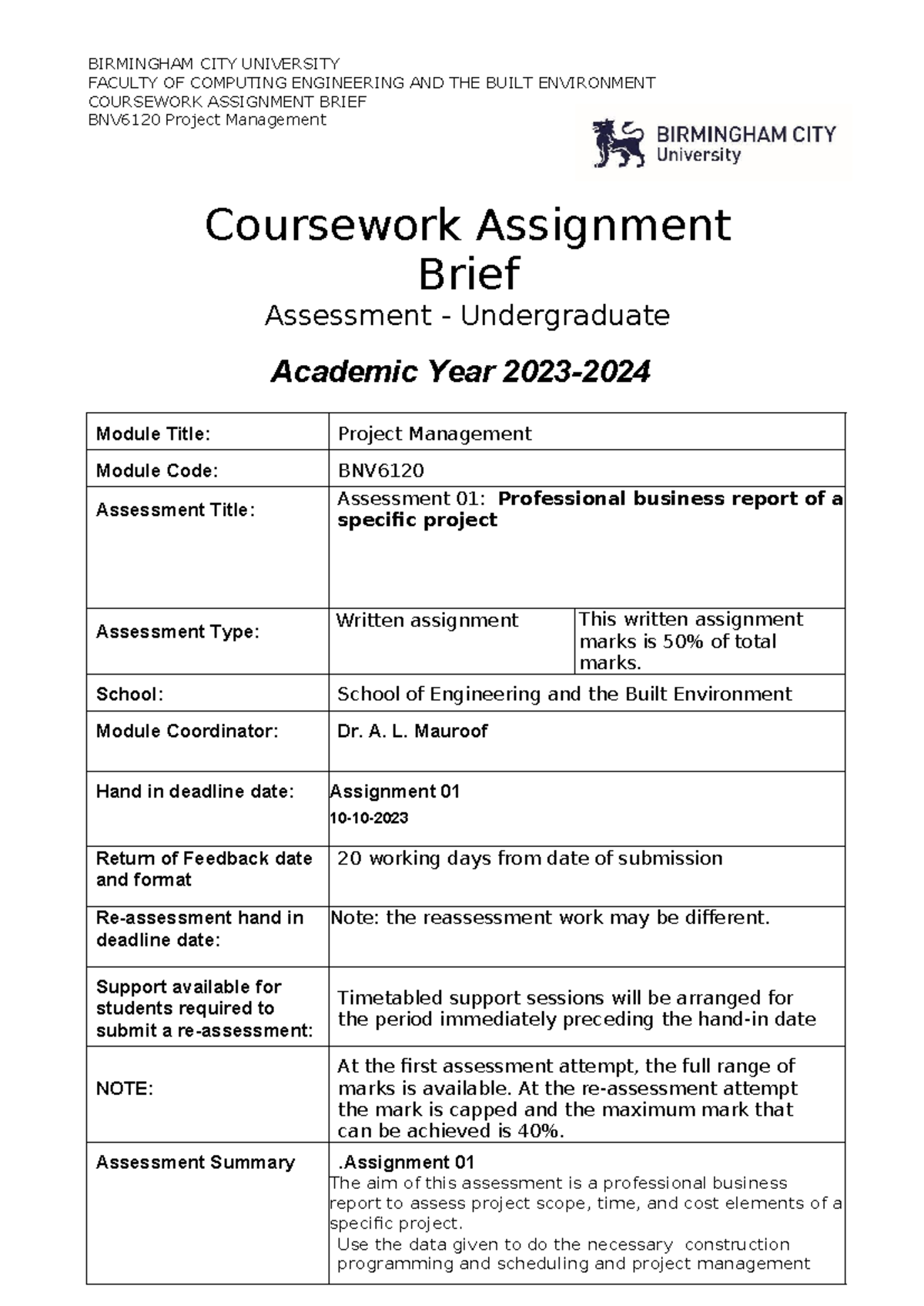 Assignment 1 - BIRMINGHAM CITY UNIVERSITY FACULTY OF COMPUTING ENGINEERING AND THE BUILT ...
