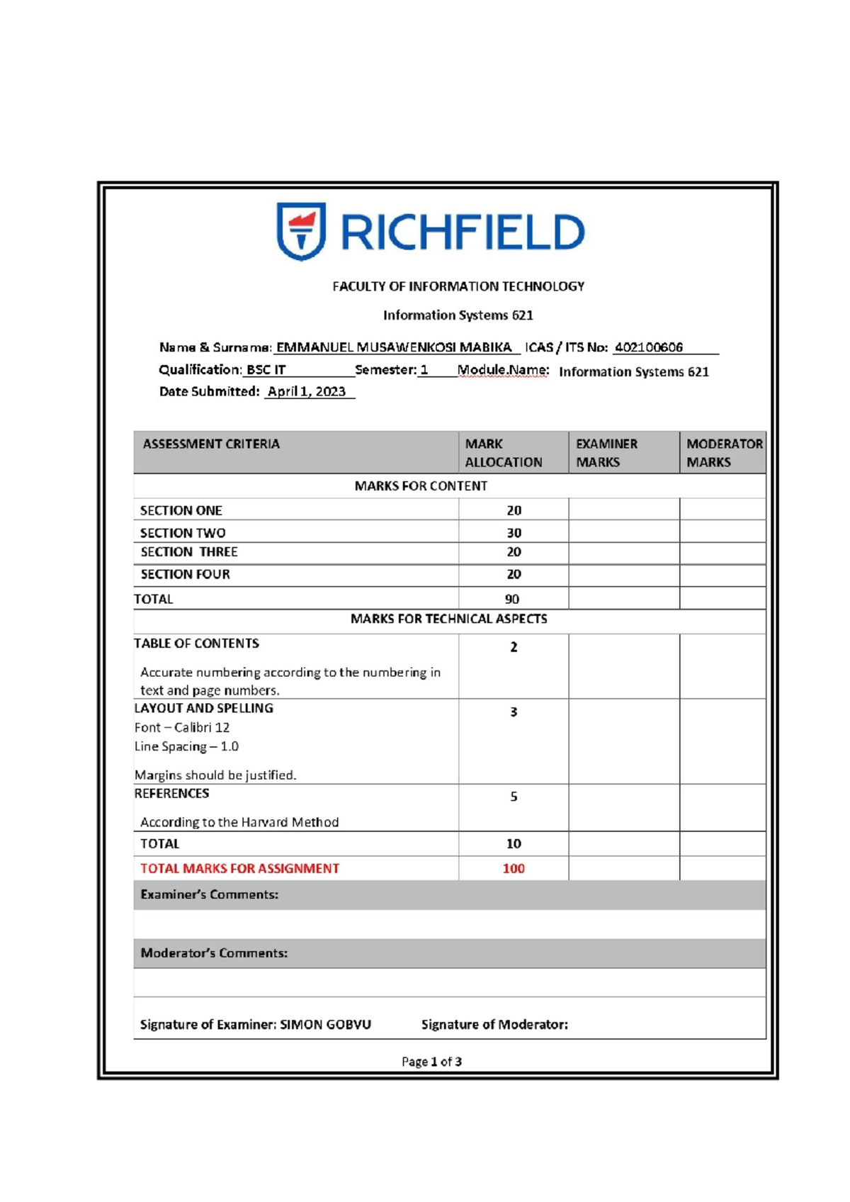 Information Systems 621 Assignment - Table of Contents Cover - Studocu
