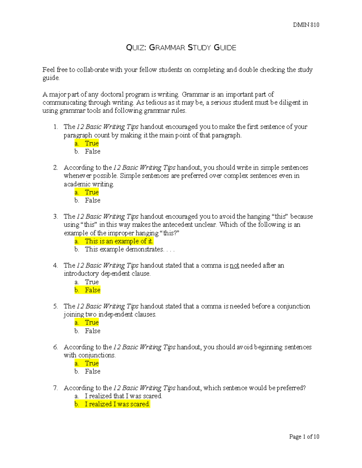 Quiz Grammar Study Guide - QUIZ: GRAMMAR STUDY GUIDE Feel free to ...