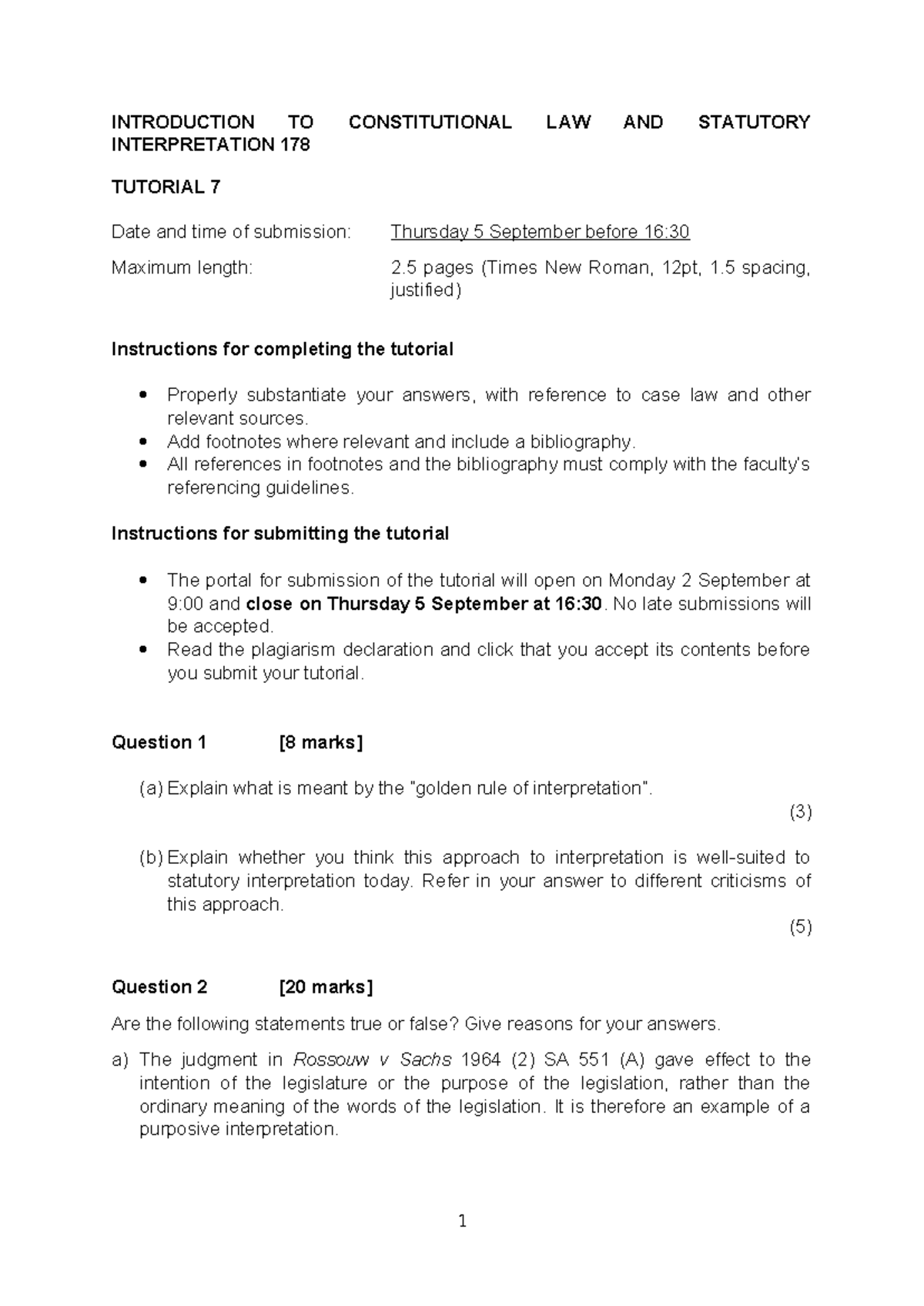 Tutorial 7 - helpful - INTRODUCTION TO CONSTITUTIONAL LAW AND STATUTORY ...