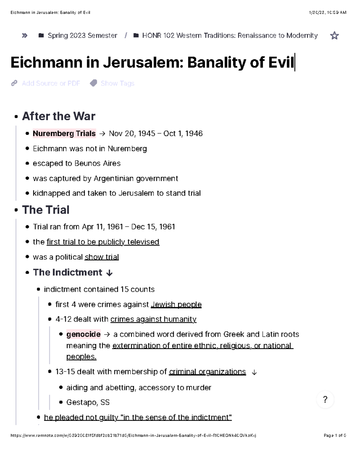Eichmann in Jerusalem: Banality of Evil - Spring 2023 Semester HONR 102 ...