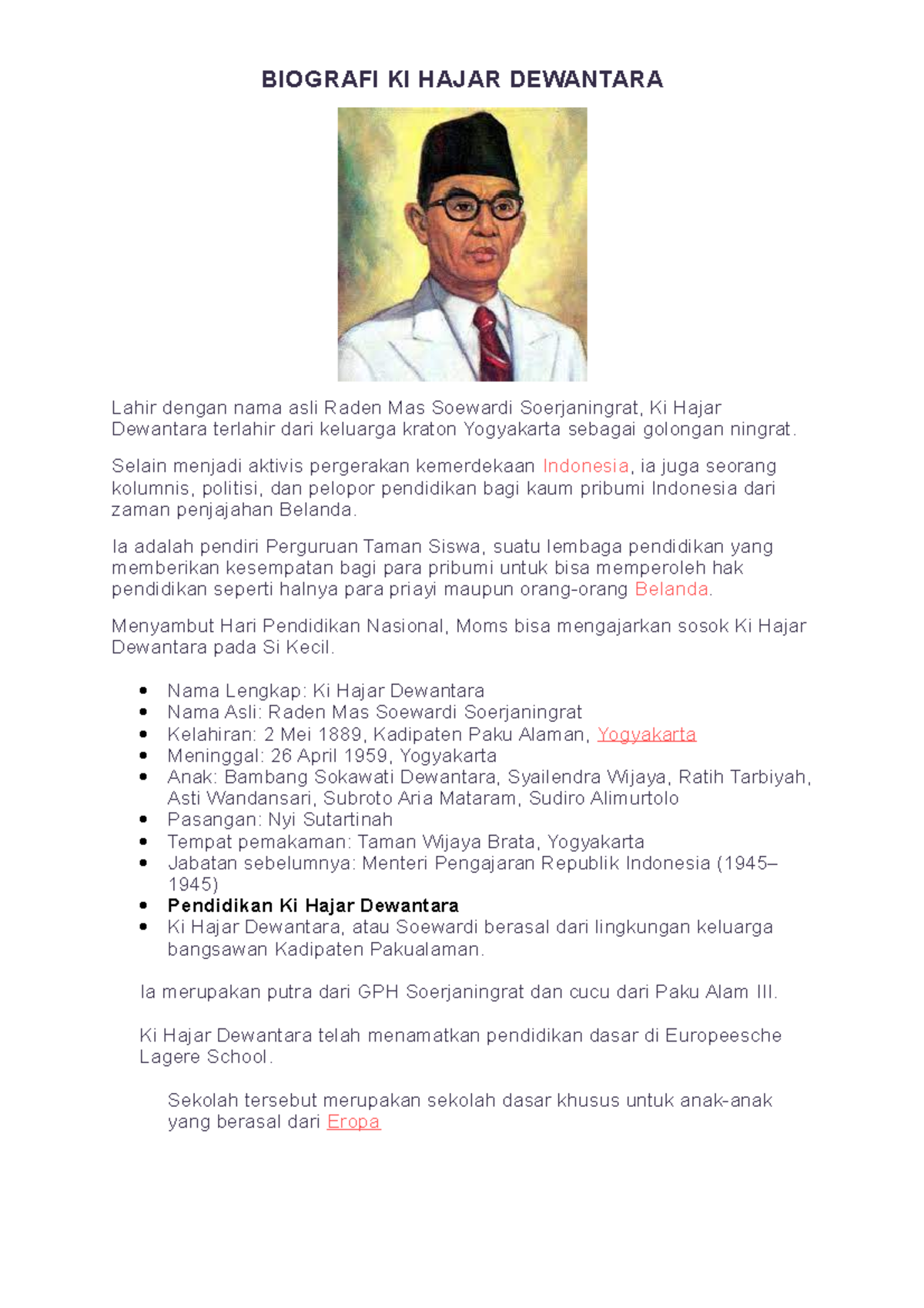 Biografi KI Hajar Dewantara - BIOGRAFI KI HAJAR DEWANTARA Lahir dengan ...