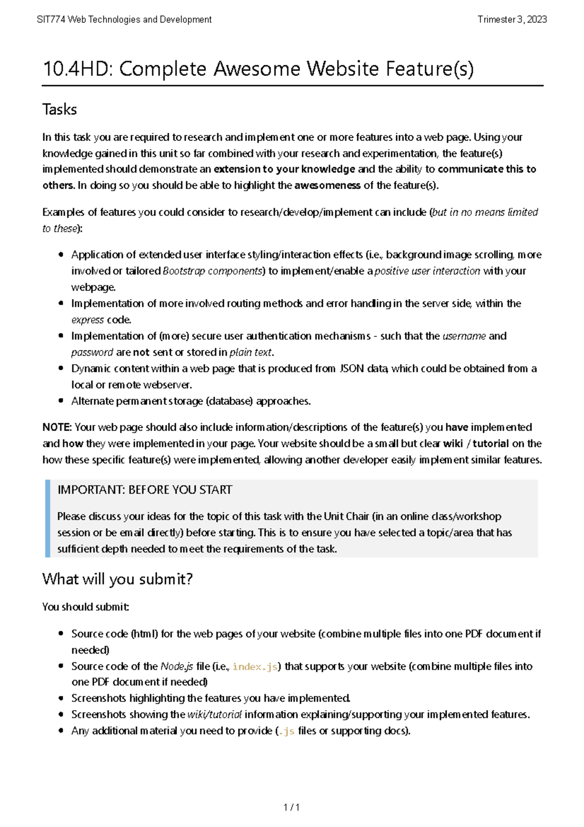 SIT 774-10 - HD task - SIT774 Web Technologies and Development Trimester 3, 2023 1 / 1 10 ...