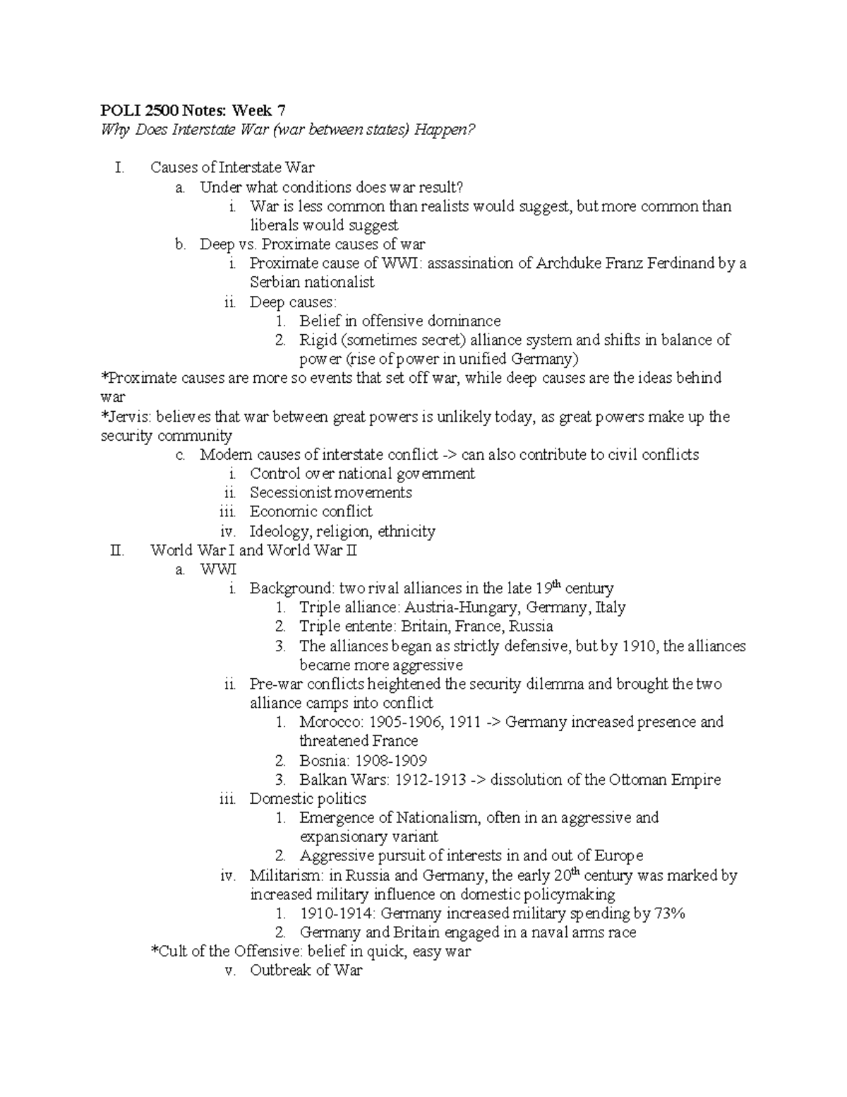 IR Week 7 Notes: Interstate War - POLI 2500 Notes: Week 7 Why Does ...