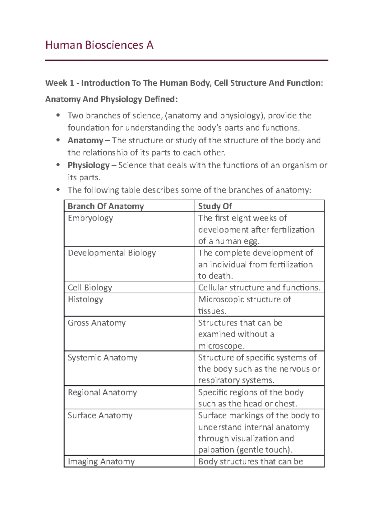 Human Biosciences A - Full Notes - Human Biosciences A Week 1 ...