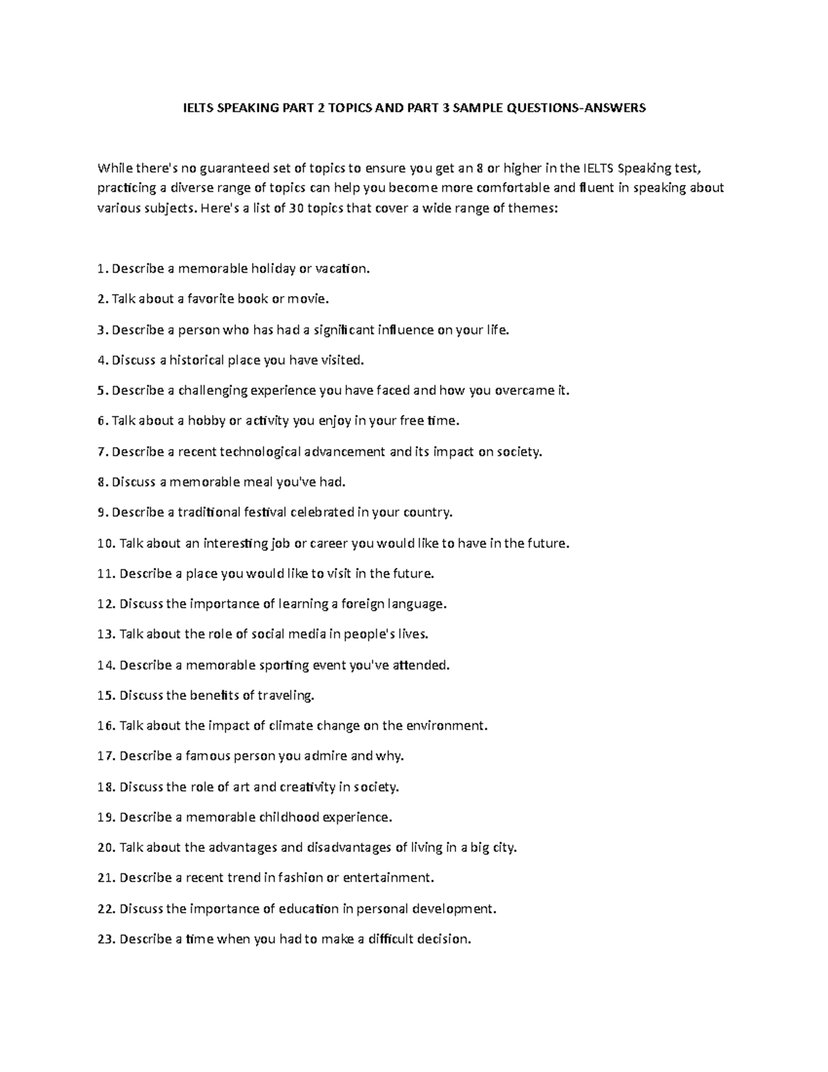 Ielts Speaking PART 2 Topics AND PART 3 Sample Questions - IELTS ...