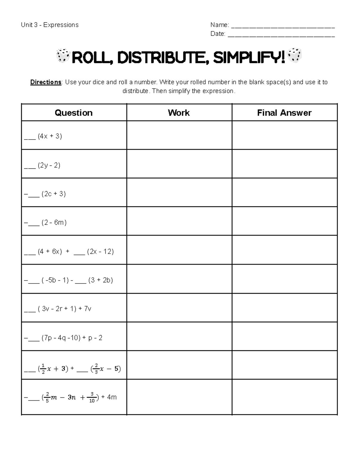 Roll, Distribute, Simplify - Unit 3 - Expressions Name ...