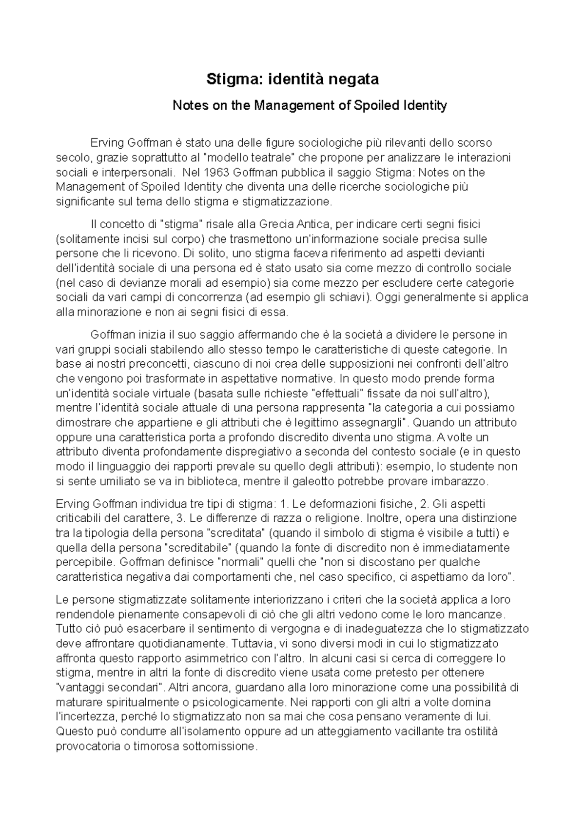 Riassunto Di Stigma Goffman Stigma Identità Negata Notes On The