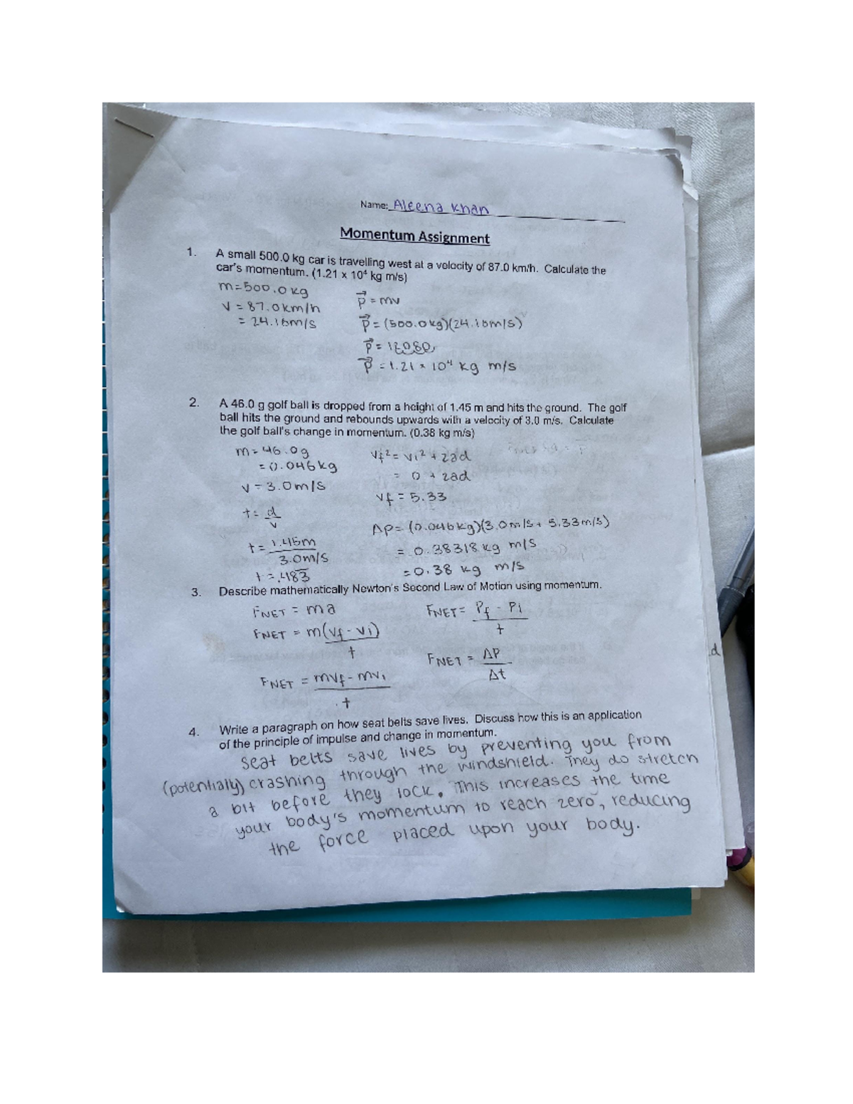 Momentum Assignment Physics 30 - Studocu