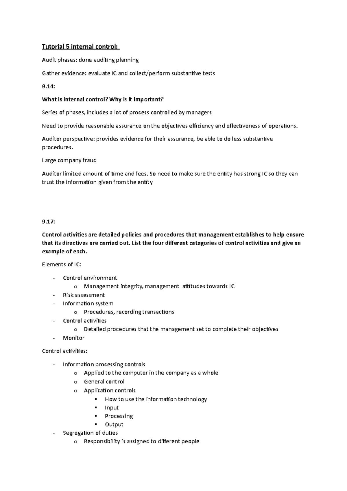 Tutorial 5 internal control - Tutorial 5 internal control: Audit phases ...