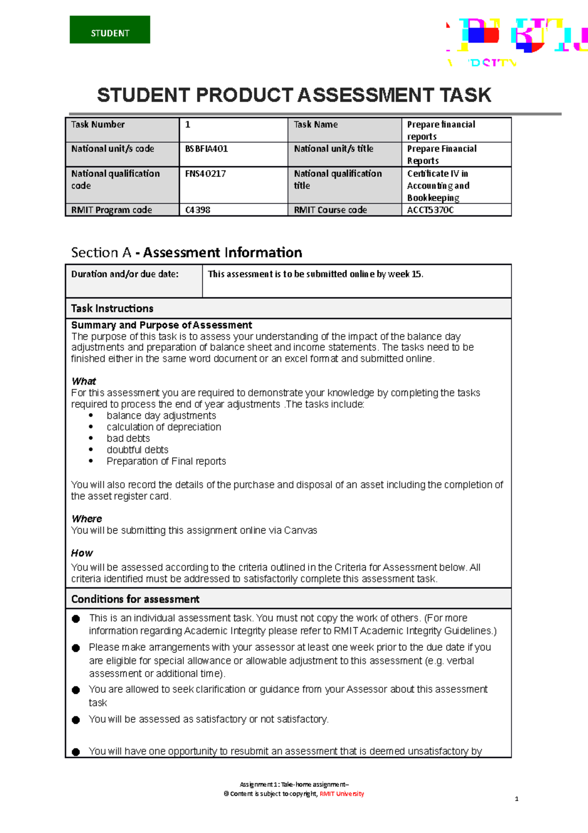 Prepare financial reports - 1 STUDENT PRODUCT ASSESSMENT TASK Task ...